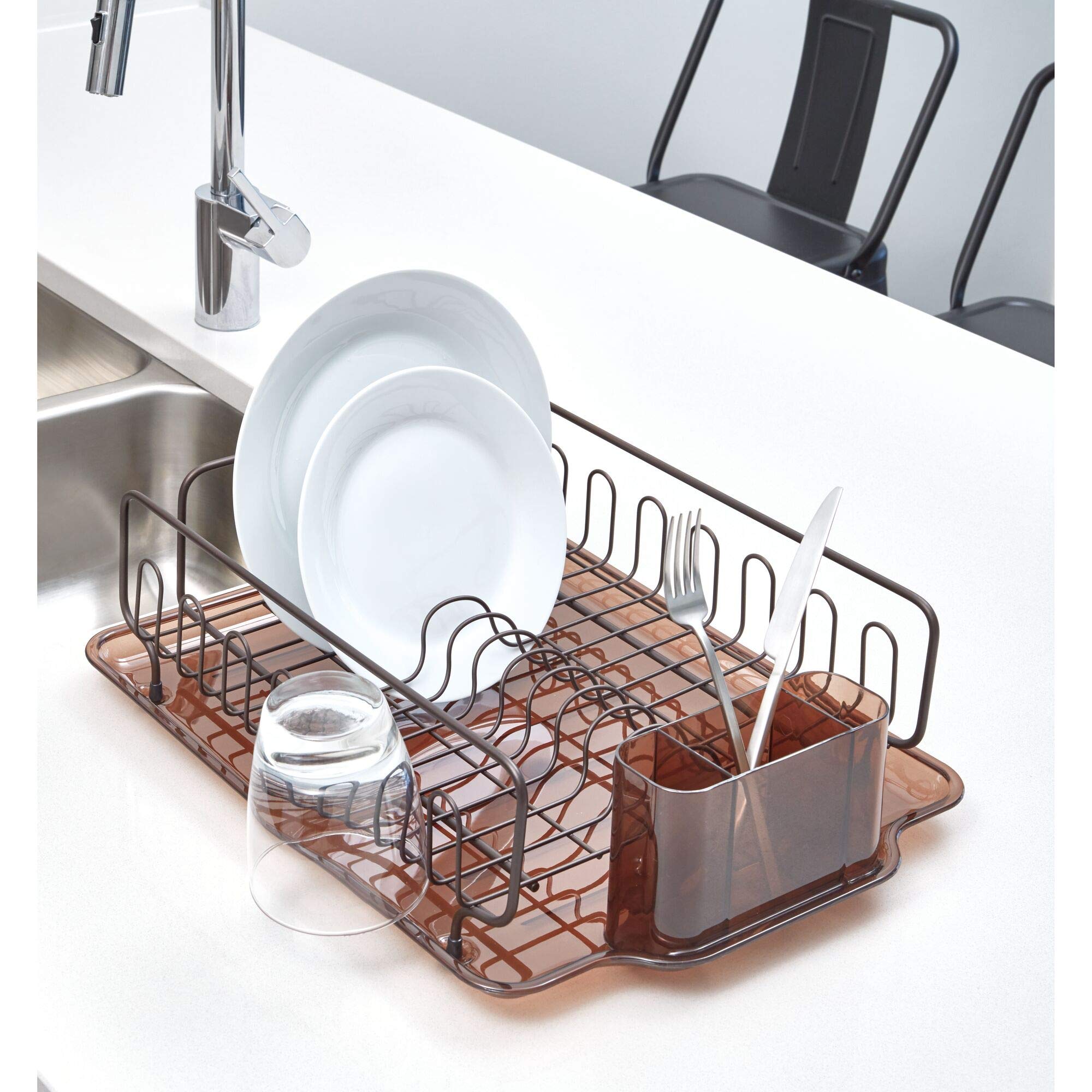 iDesign Forma Lupe Stainless Steel Metal Sink Dish Drainer Plastic Tray Kitchen Drying Rack For Glasses, Silverware, Bowls, Plates, 13.3" x 17.5" x 5.2", Bronze