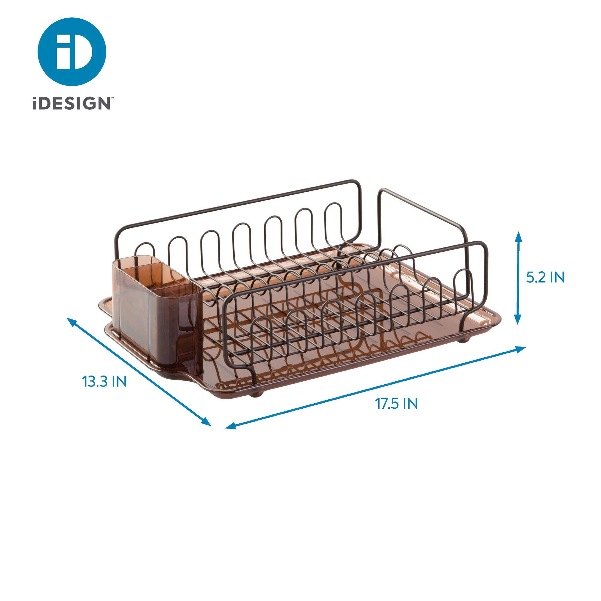 iDesign Forma Lupe Stainless Steel Metal Sink Dish Drainer Plastic Tray Kitchen Drying Rack For Glasses, Silverware, Bowls, Plates, 13.3" x 17.5" x 5.2", Bronze