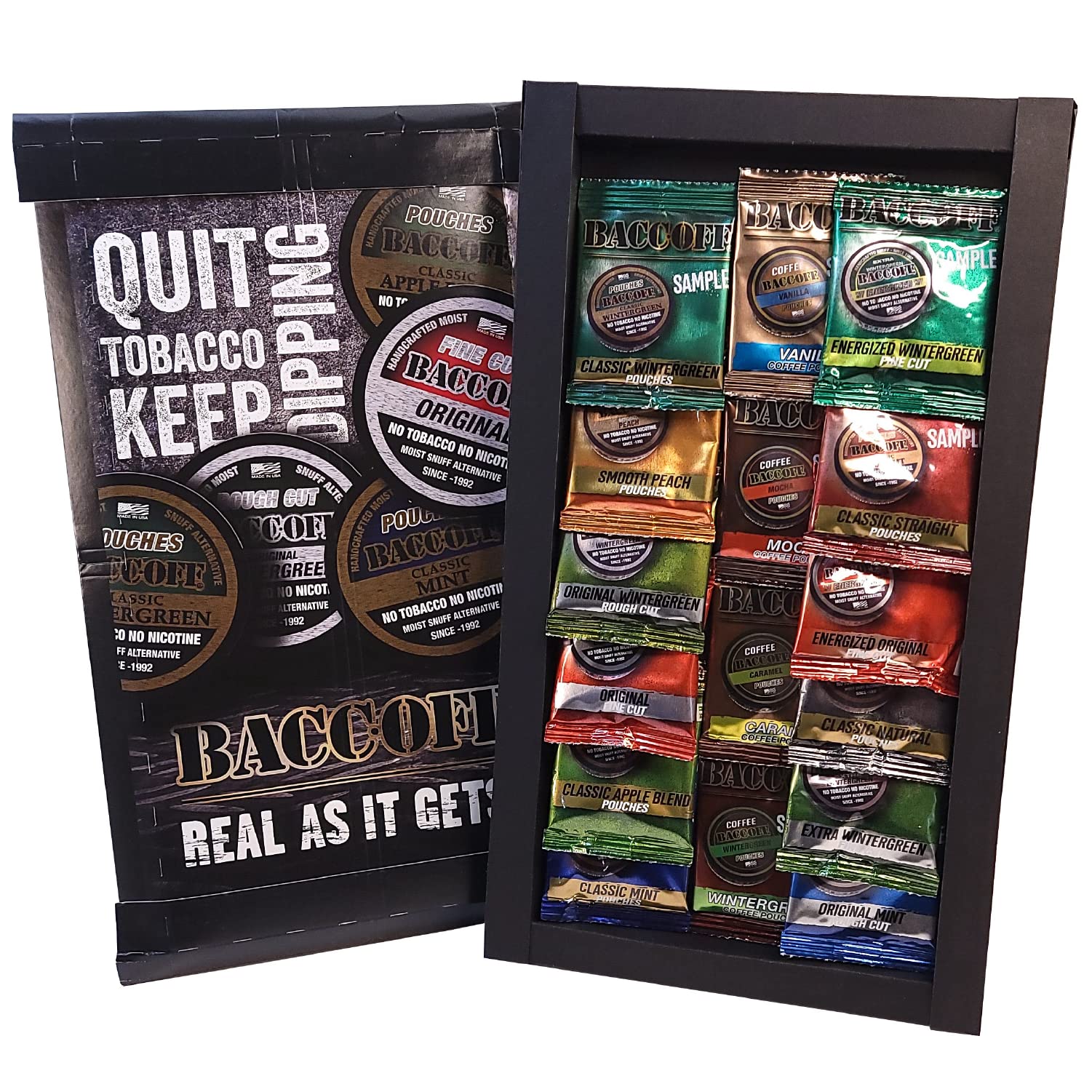 BaccOff, Sample Pack No Tobacco Dip, No Nicotine Smokeless Alternative Snuff Tea & Coffee (Pouches, Fine Cuts & Rough Cuts), 16 Individual Samples