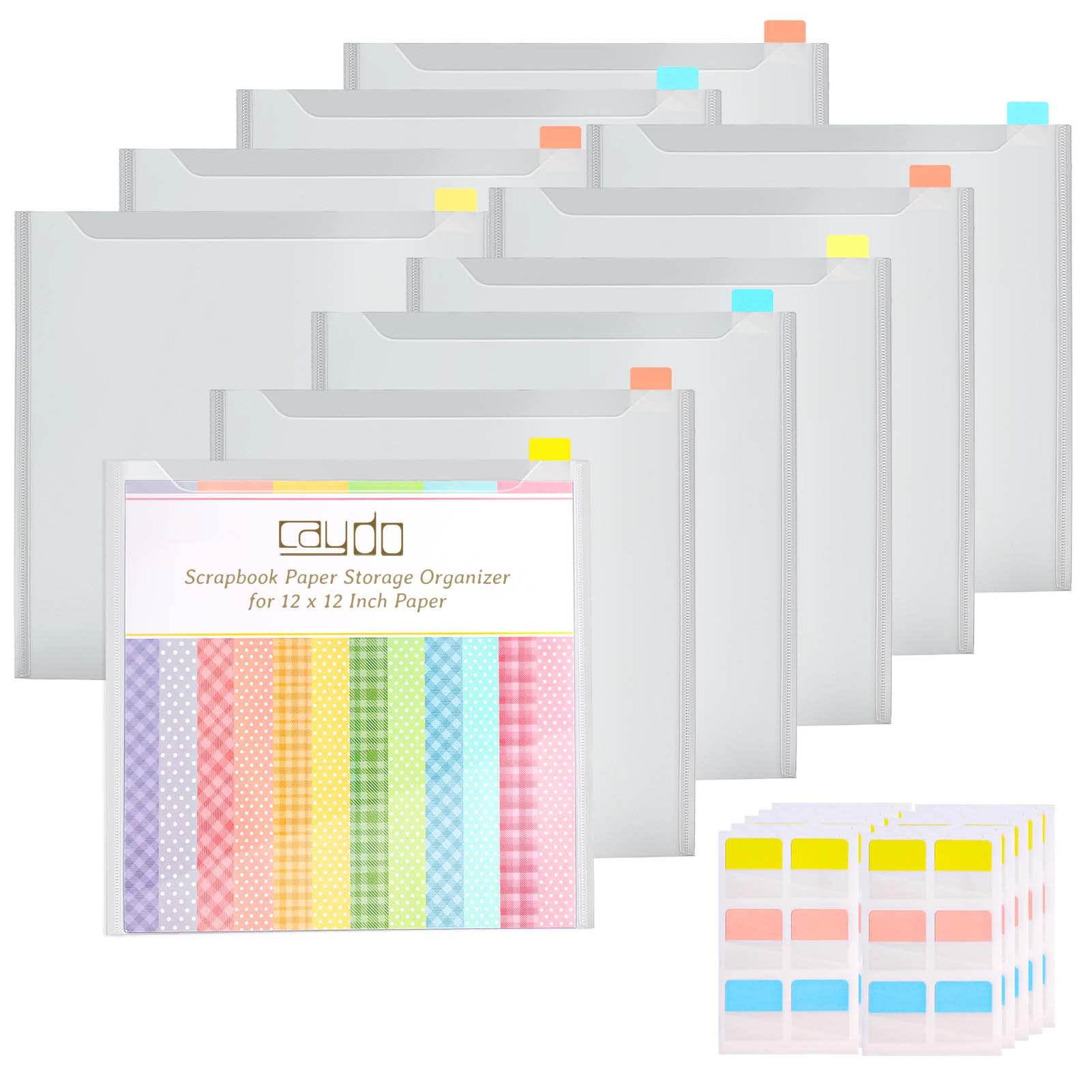 Caydo 50 Pieces Scrapbook Paper Storage Organizer with 120 Pieces Sticky Index Tabs Scrapbook Paper Storage Bags for Holding 12 x 12 Inch Scrapbook Paper, Paper Files, Vinyl Paper and Cardstock