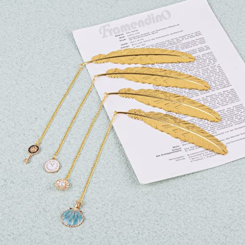 Framendino, 4 Pack Metal Feather Bookmarks Gold Retro Book Page Chain Pendant Bookmark Gifts for Reader, Book Lovers, Students, Teachers, Friends