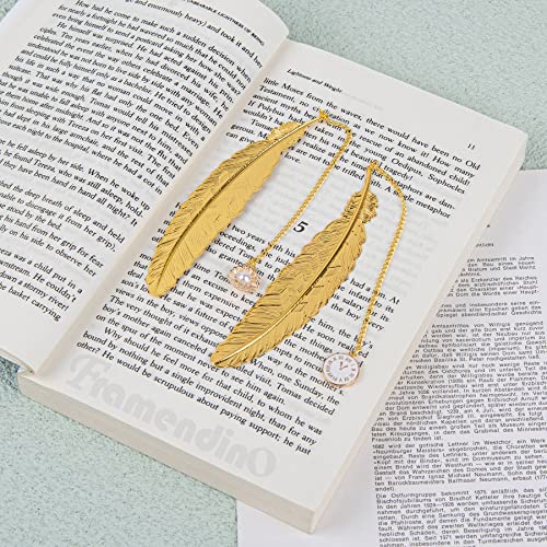 Framendino, 4 Pack Metal Feather Bookmarks Gold Retro Book Page Chain Pendant Bookmark Gifts for Reader, Book Lovers, Students, Teachers, Friends