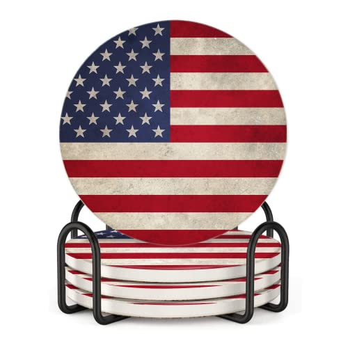 USA Flag Coasters with Holder,Absorbent Coaster Sets of 4,Cork Baseļ¼Ceramic Drink Coaster for Tabletop Protection,Suitable for Kinds of Cups,Wooden Table,4 Inches