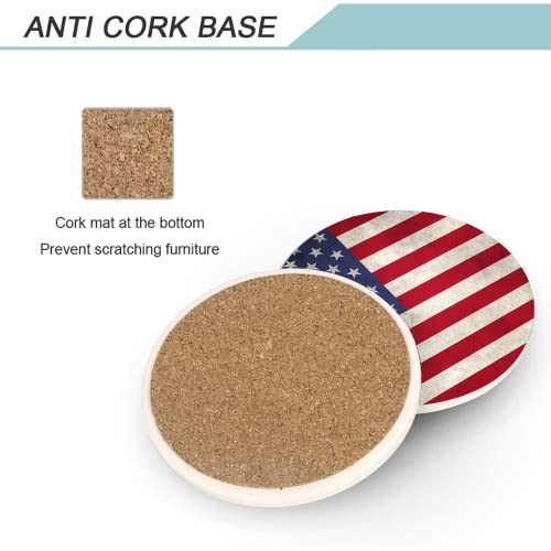 USA Flag Coasters with Holder,Absorbent Coaster Sets of 4,Cork Base,Ceramic Drink Coaster for Tabletop Protection,Suitable for Kinds of Cups,Wooden Table,4 Inches