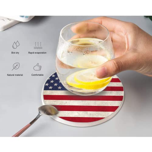 USA Flag Coasters with Holder,Absorbent Coaster Sets of 4,Cork Base,Ceramic Drink Coaster for Tabletop Protection,Suitable for Kinds of Cups,Wooden Table,4 Inches