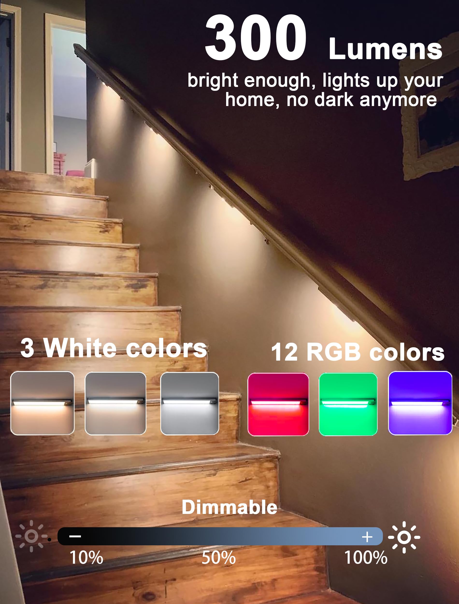 Diomart Under Cabinet Lights, 79 LED Rechargeable Under Cabinet Lighting with Remote, 3 Pack RGB Dimmable led Closet Lights Wireless Under Counter Lights for Kitchen, Stairs, Wardrobe, 15 Colors