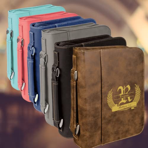 Personalized Large Leatherette Book/Bible Cover with Handle and Zipper | Coat of Arms Design | Fully Customizable | Laser Engraved | Gifts for Any Occasion (Black/Gold Leatherette)