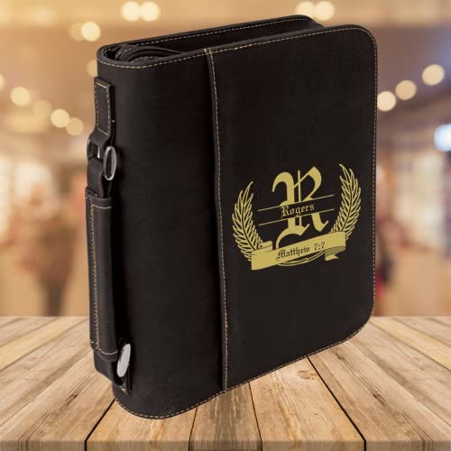 Personalized Large Leatherette Book/Bible Cover with Handle and Zipper | Coat of Arms Design | Fully Customizable | Laser Engraved | Gifts for Any Occasion (Black/Gold Leatherette)