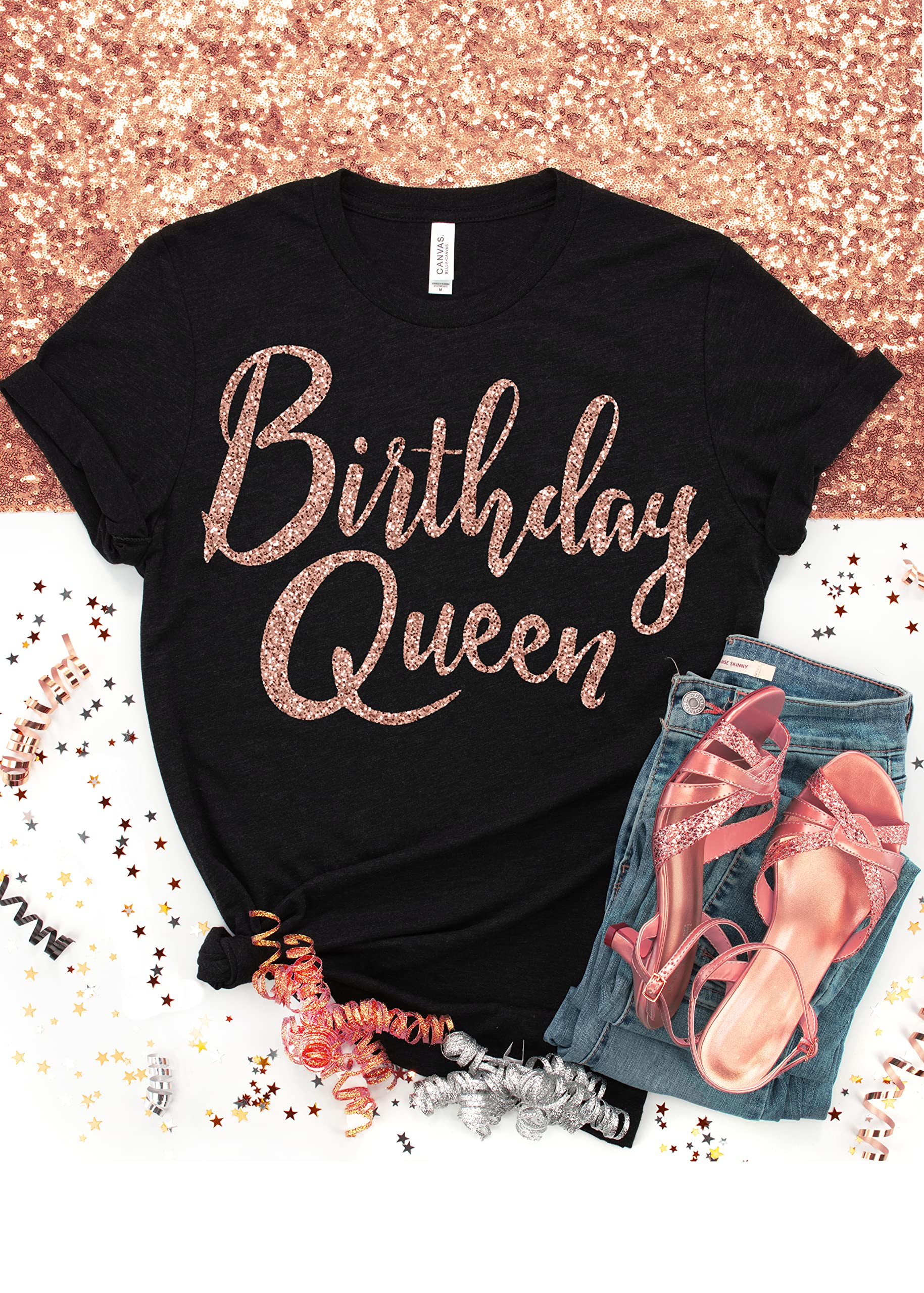 Birthday Tees for Women - Rose Gold Girly Birthday Queen T-Shirt - X-Large - Black Tee(Queen RsG) Blk/XL