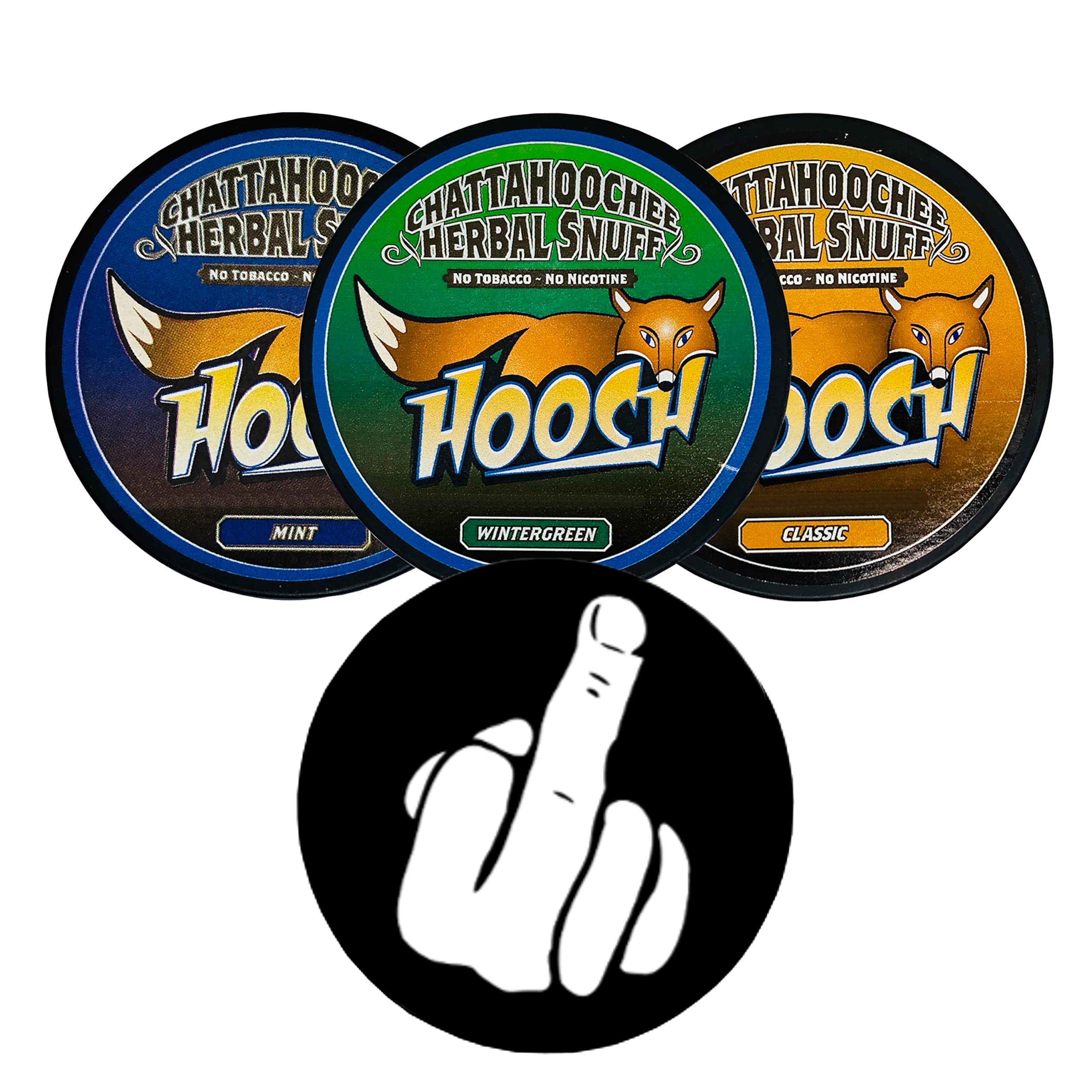 Hooch Herbal Snuff Variety Sampler (Mint, Wintergreen, and Classic) Pouch Packs - 3 Cans - Includes DC Crafts Nation Skin Can Cover - Middle Finger