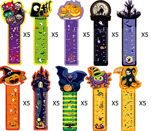 50 Pcs Halloween Bookmarks, Halloween Bookmark Ruler Pumpkins Ghost Skulls for Trick or Treat Prizes, Halloween Party Décor, Classroom Rewards, 10 Designs