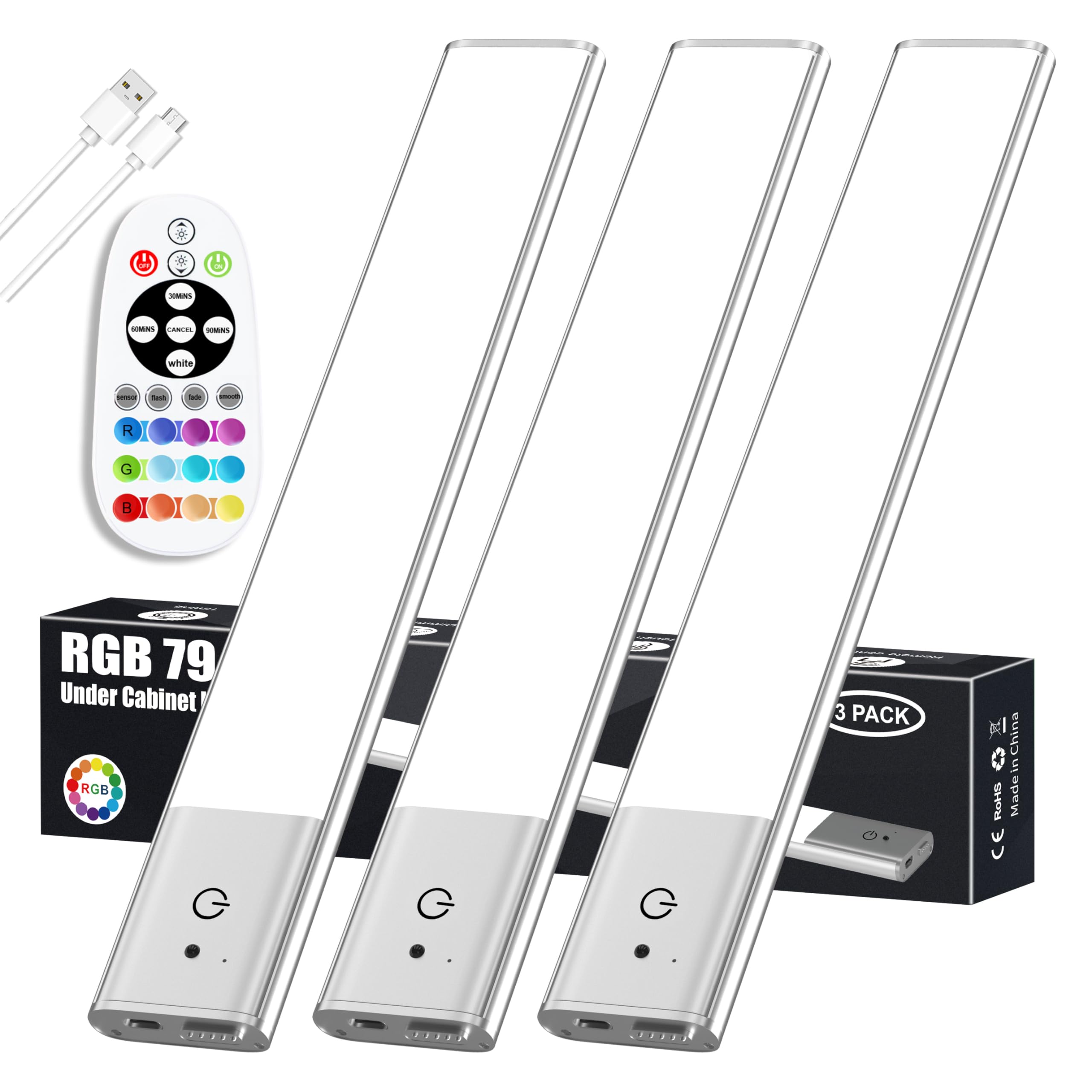 Diomart Under Cabinet Lights, 79 LED Rechargeable Under Cabinet Lighting with Remote, 3 Pack RGB Dimmable led Closet Lights Wireless Under Counter Lights for Kitchen, Stairs, Wardrobe, 15 Colors