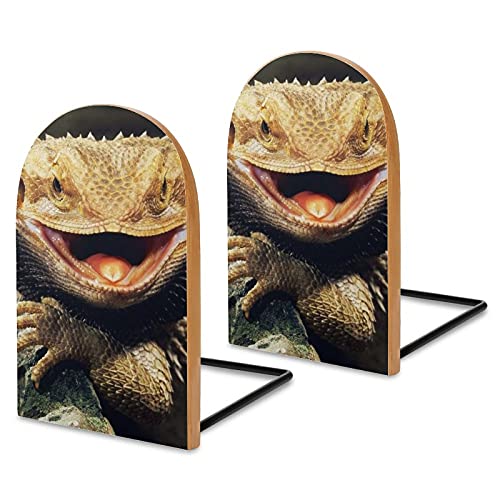 Cool Bearded Dragon Lizards Wooden Shelves Bookends Desktop Book Stand Book Ends Books Holder for Library School Home Office Study Bedroom Decorationļ¼Logsļ¼