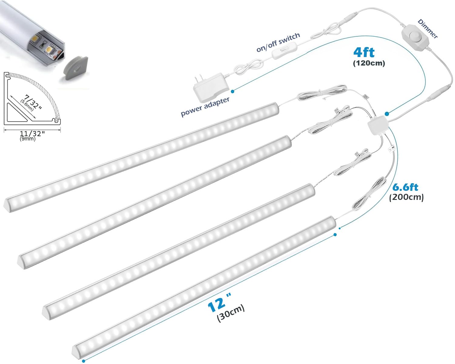 Cefrank V-Shape Under Cabinet Lighting Kit - 4pcs Sleeker 12" Dimmable LED Light Bars for Showcase Shelf Seamless Illumination - 1200lm, 12W - Pure White (6000K)