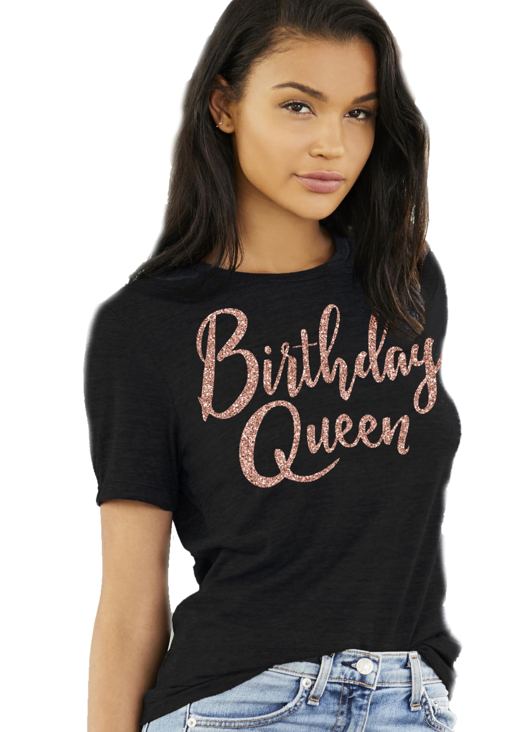 Birthday Tees for Women - Rose Gold Girly Birthday Queen T-Shirt - X-Large - Black Tee(Queen RsG) Blk/XL
