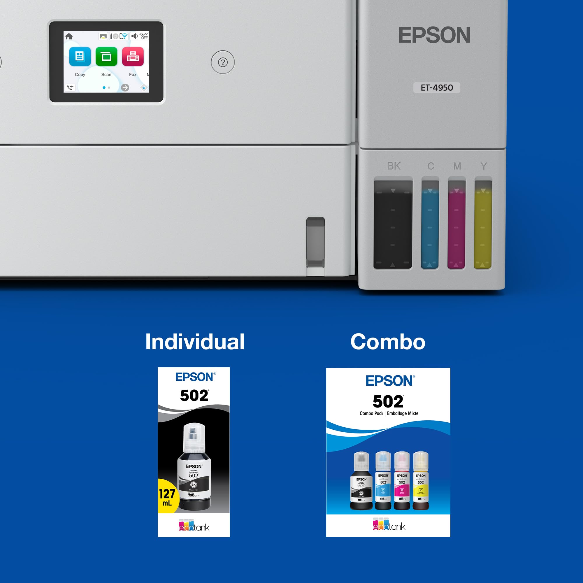 EPSON T502 EcoTank Ink Ultra-high Capacity Bottle Color Combo Pack (T502520-S) for select Epson EcoTank Printers