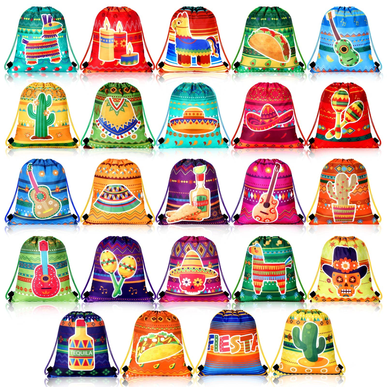 24 Pcs Mexican Fiesta Party Favor Drawstring Bags Cinco De Mayo Party Gift Goodie Bag Candy Bags Taco Party Favors Bags for Kids Mexican Birthday Party Supplies
