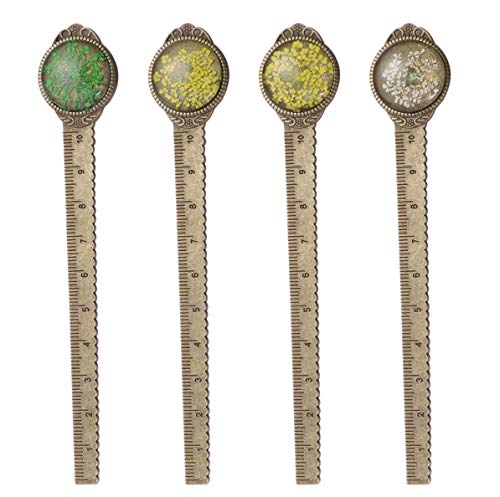 Metal Bookmark Ruler,4Pcs Vintage Dried Flower Bronze Book Mark as Book Page Marker for Students(Random Style)