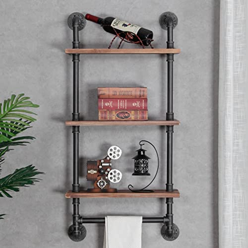 RZGY Industrial Pipe Bathroom Shelves Decor Wall Mounted 3 Tiered, Rustic Pipe Shelving Wood Shelf with Towel Bar, Pipe Shelving Floating Shelves Towel Holder, Retro Black