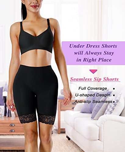 RILIAM 2 Pack Women Lace Slip Shorts for Under Dresses Smooth Seamless Anti-Chafing Underwear Spanks Thigh Slimmer(Black+Nude,X-Large)