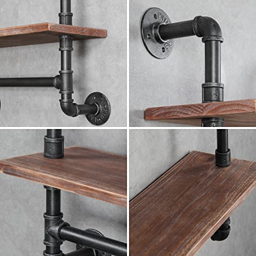 RZGY Industrial Pipe Bathroom Shelves Decor Wall Mounted 3 Tiered, Rustic Pipe Shelving Wood Shelf with Towel Bar, Pipe Shelving Floating Shelves Towel Holder, Retro Black