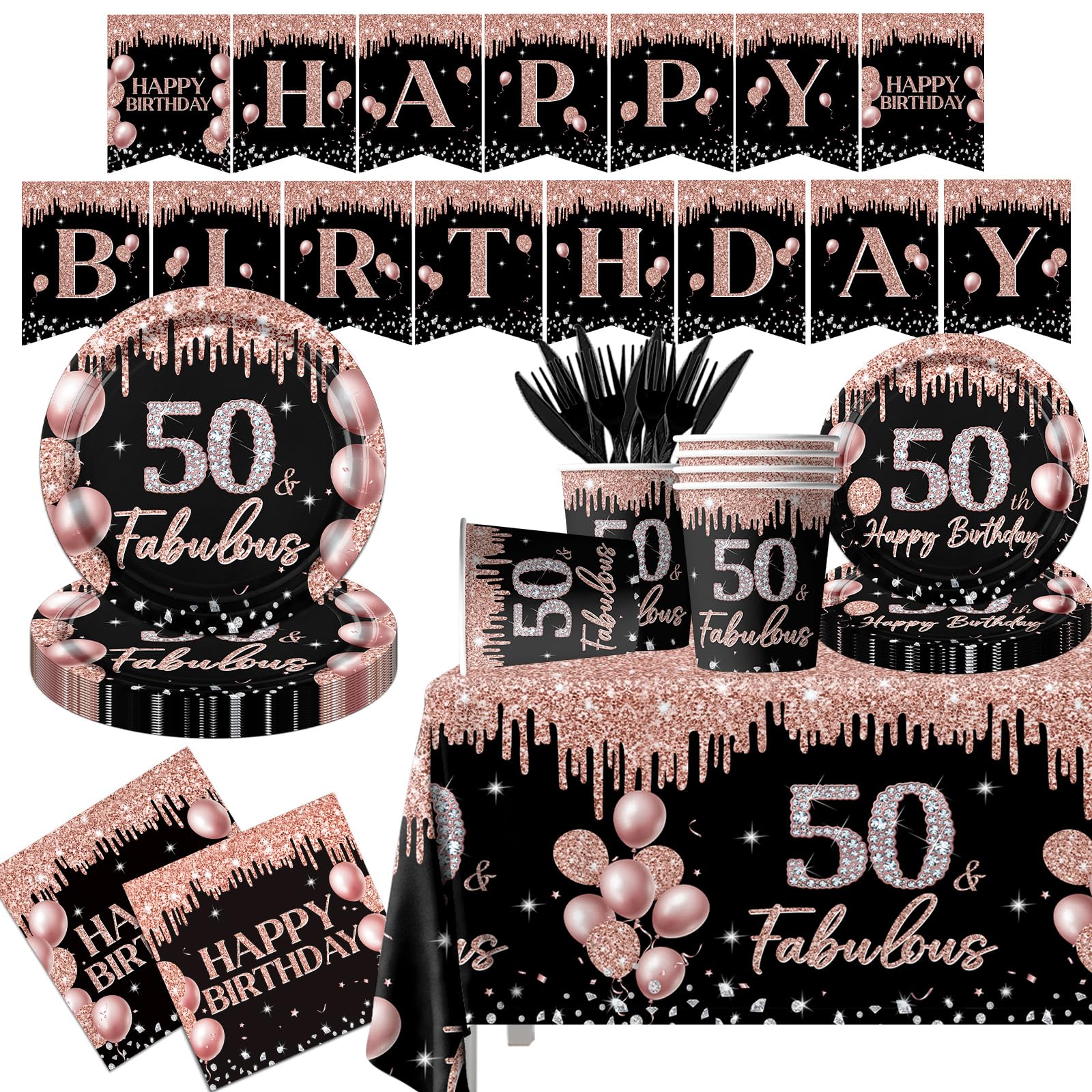 142Pcs 50th Birthday Tableware Decorations,Black Rose Gold Tableware Set 50th Birthday Plates and Napkins Cup Rose Gold Tablecloth Happy Birthday Banner for Women Birthday Disposable Supplies Serve 20