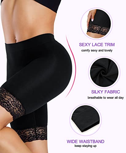 RILIAM 2 Pack Women Lace Slip Shorts for Under Dresses Smooth Seamless Anti-Chafing Underwear Spanks Thigh Slimmer(Black+Nude,X-Large)