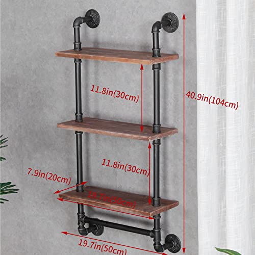 RZGY Industrial Pipe Bathroom Shelves Decor Wall Mounted 3 Tiered, Rustic Pipe Shelving Wood Shelf with Towel Bar, Pipe Shelving Floating Shelves Towel Holder, Retro Black