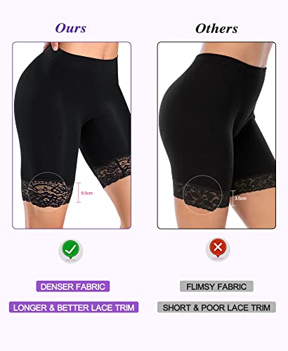 RILIAM 2 Pack Women Lace Slip Shorts for Under Dresses Smooth Seamless Anti-Chafing Underwear Spanks Thigh Slimmer(Black+Nude,X-Large)