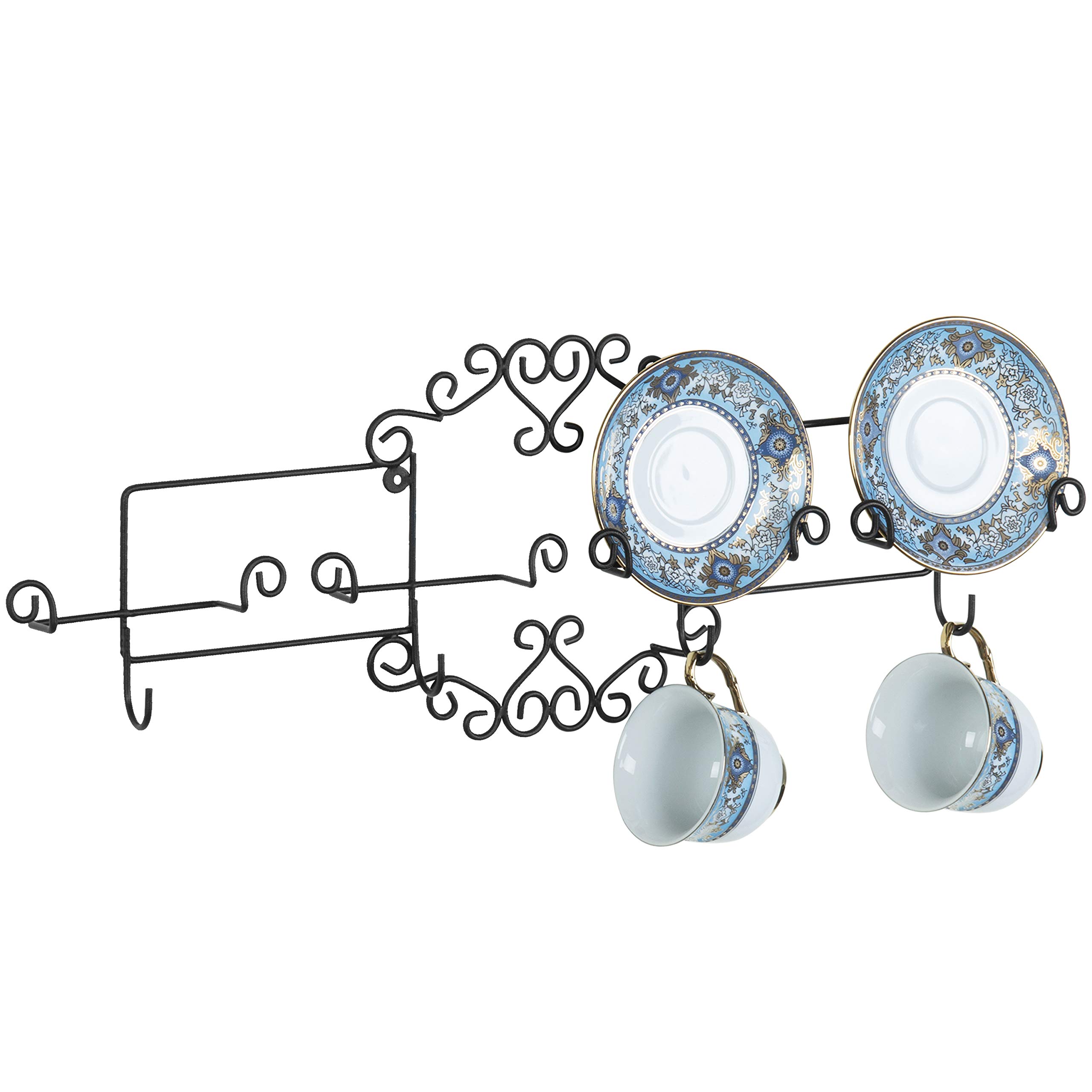 MyGift Vintage Scrollwork Black Metal Wire Tea Coffee Cup and Saucer Set Rack, Wall Mounted Decorative Display Shelf Holds Up to 4 Collectible Plates & Mugs