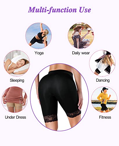 RILIAM 2 Pack Women Lace Slip Shorts for Under Dresses Smooth Seamless Anti-Chafing Underwear Spanks Thigh Slimmer(Black+Nude,X-Large)