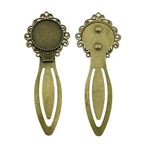 HJGarden 5PCS Retro Round Cabochons Bookmarker Blank Bases Trays Bookmark Pendant Trays Round Metal Gem Bookmark Cabochon for DIY Jewelry Making and Book Marker Making, Bronze