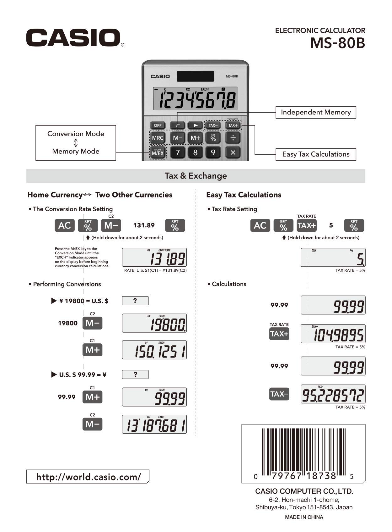 Casio MS-80B Standard Function Desktop Calculator,Black 147D×103W×28.8H mm