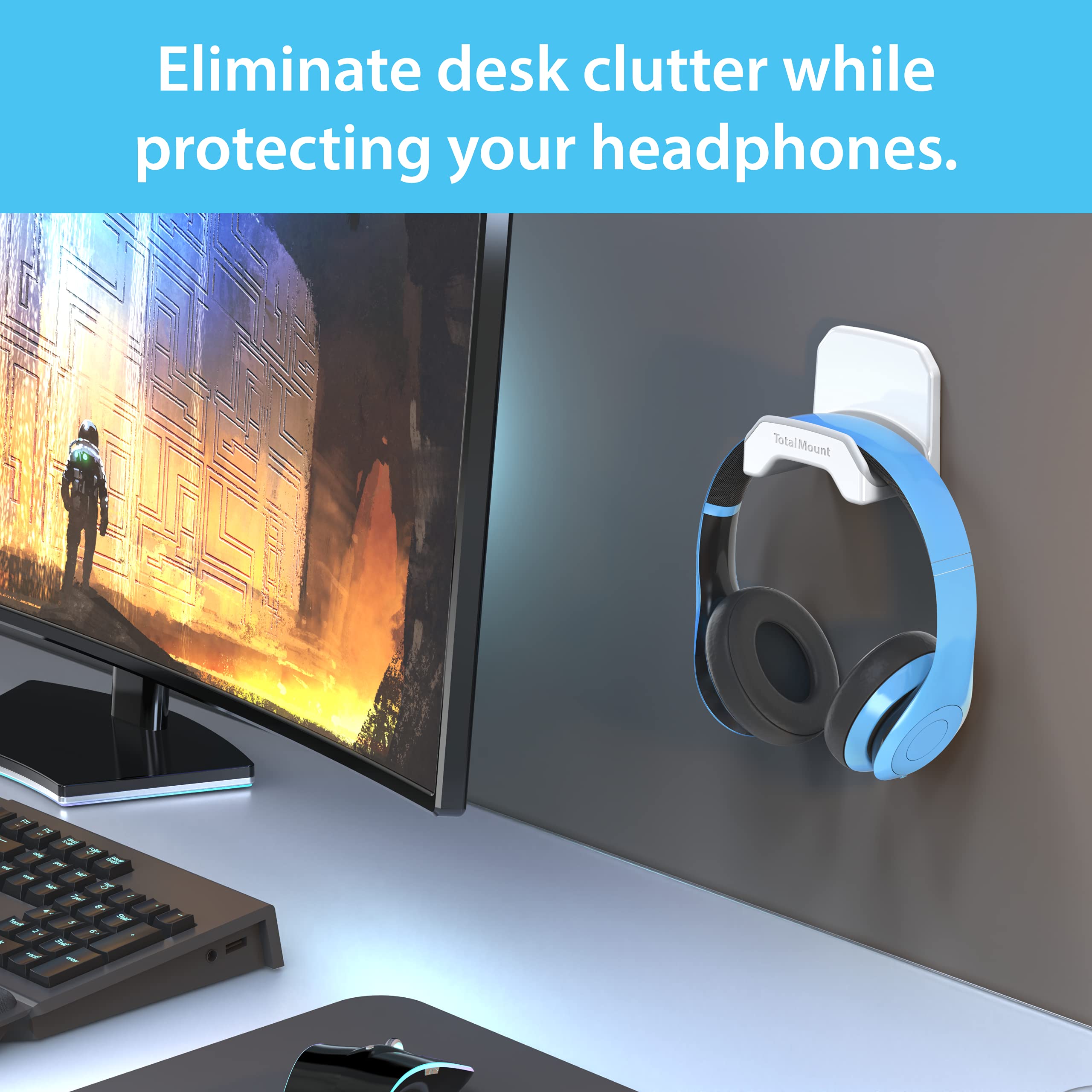 TotalMount Gaming Headset Hanger – Includes Removable Adhesive Strips for Easy, Damage-Free Wall, Desk, or PC Mounting (White Headphone Hook with Premium Silicone Cradle – One Pack)