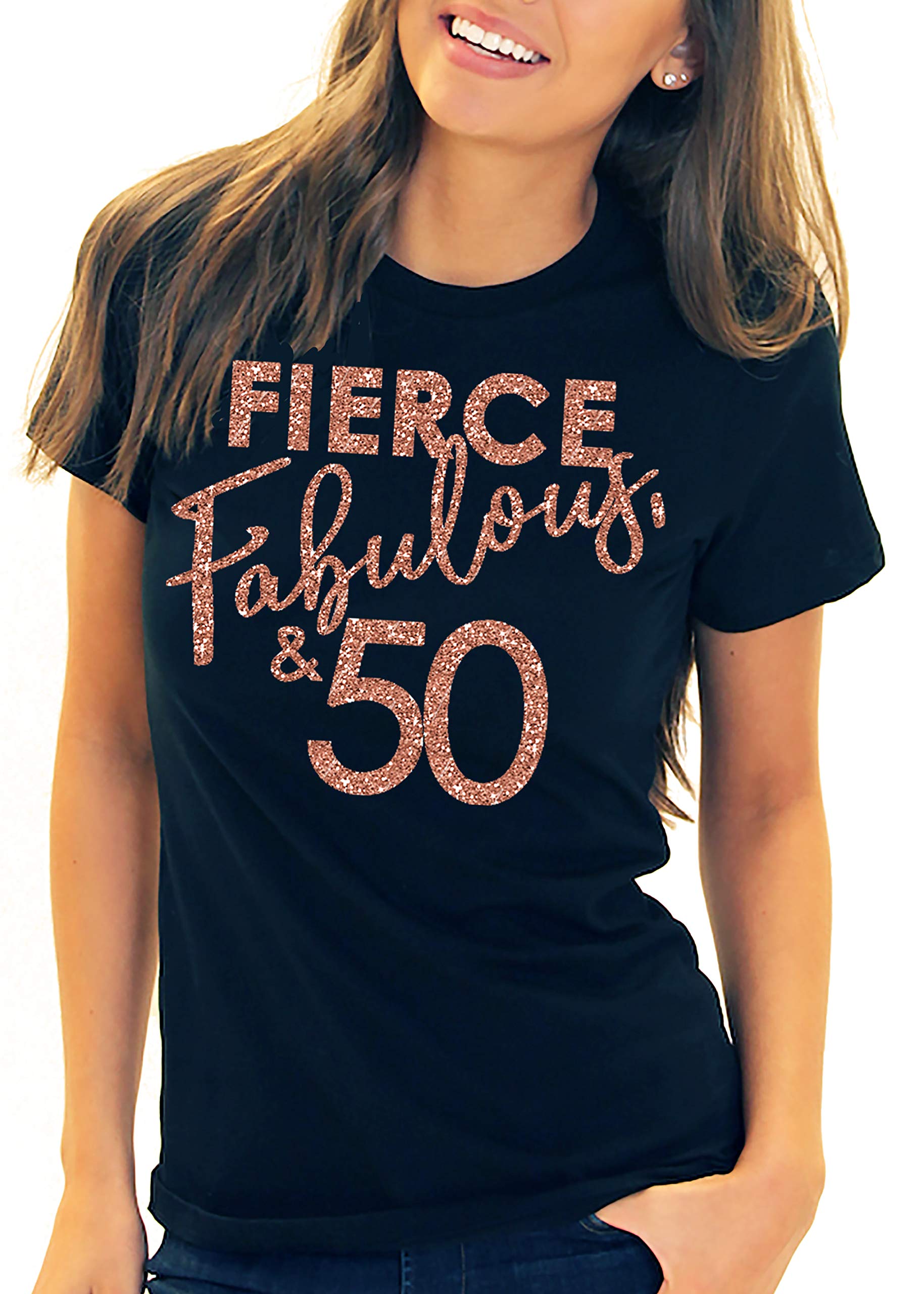 50th Birthday Tshirt for Women - Rose Gold Glam Fierce Fabulous & 50 T-Shirt - Plus Size Birthday Shirt - 2XL - Black Tee(GlmFF50 RG) Blk/2X