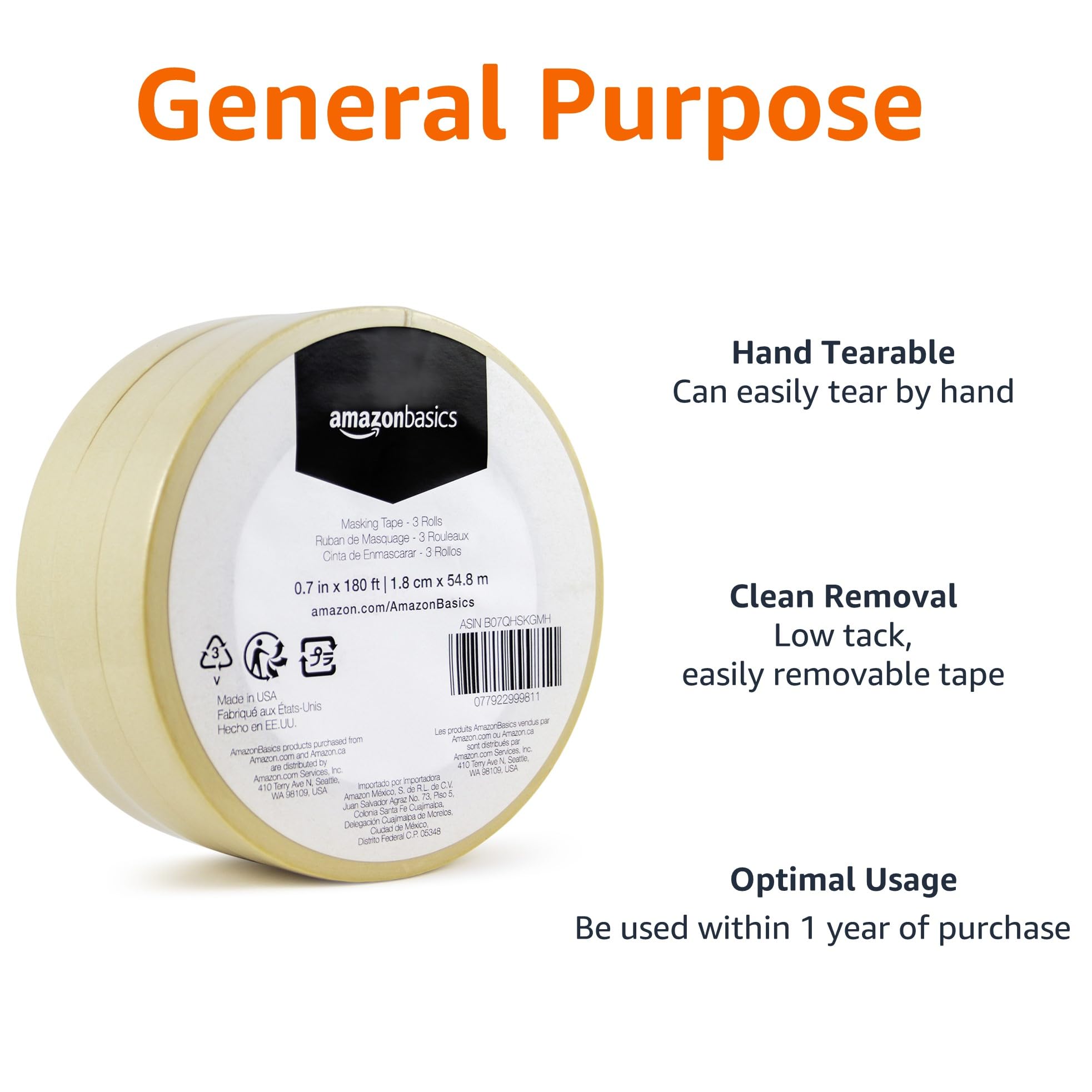 Amazon Basics Masking Tape, 0.7 Inch x 180 Feet - Pack of 3 Rolls