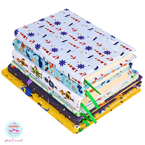 Pink Carousel Fabric Book Covers with Ribbon Bookmarks. Stretchable, Washable, Reusable Book Protectors for Medium to Large Hard Cover Schoolbooks and Textbooks. Fit Books 6" X 9" - 9” X 11."