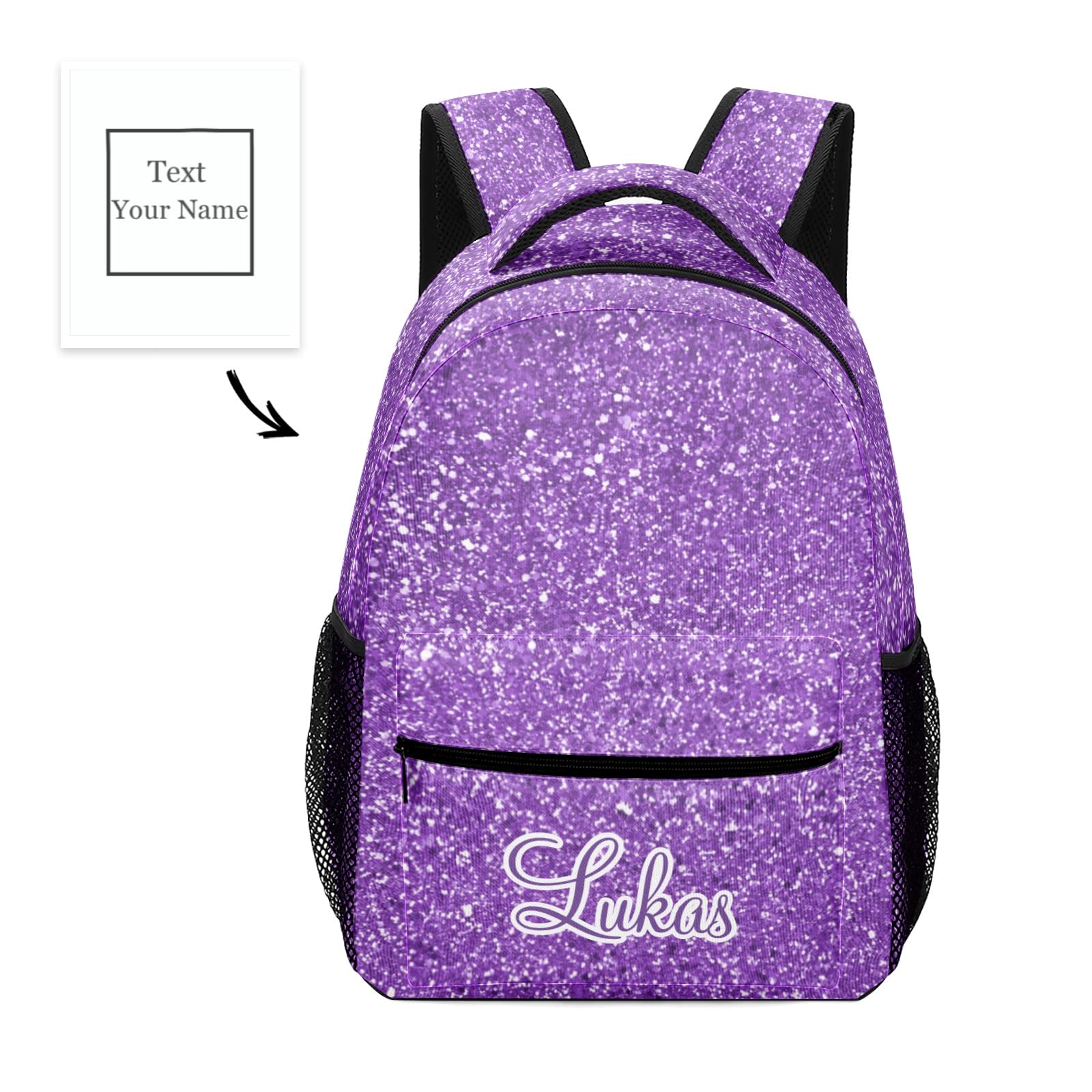 SunFancy, Purple Glitter Personalized School Backpack for Kid-Boy /Girl Primary Daypack Travel Bookbag, K10255, 12.2In(L)x5.9In(W)x16.5In(H)