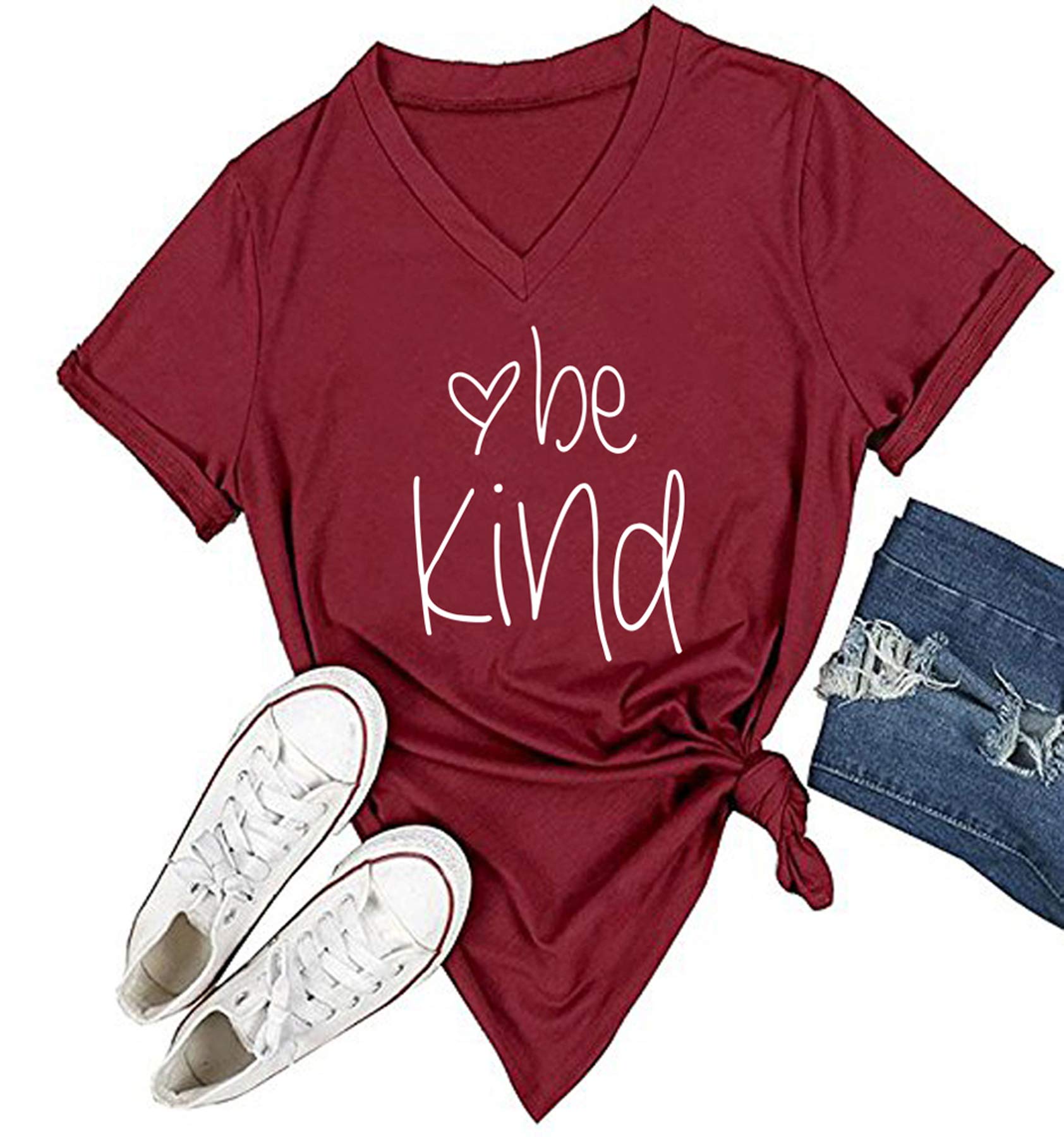 DANVOUY Womens T Shirt Casual Cotton Short Sleeve V-Neck Graphic T-Shirt Tops Tees Wine Red Large