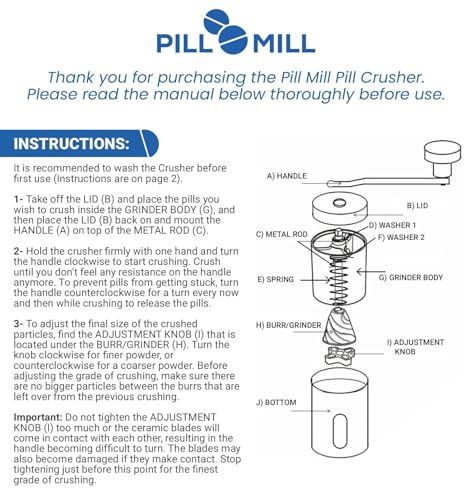 Pill Mill Pill Crusher - Crushes Multiple Tablets to a Fine Powder - Metal Pill Grinder - Tablet Pulverizer Suitable for Travel - Great Feeding Tube use and Pets