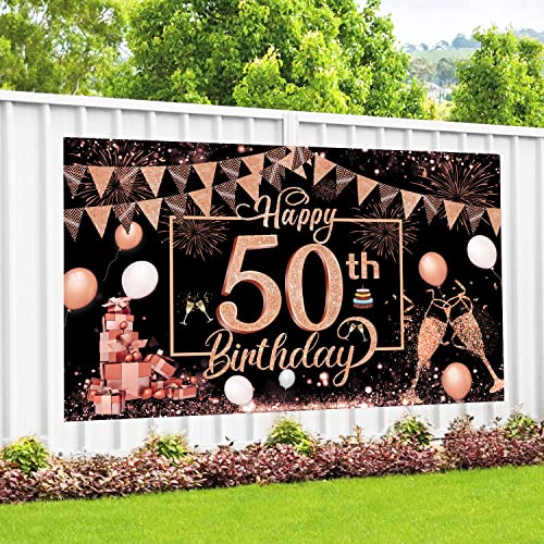 Rose Gold Black Happy 50th Birthday Extra Large Background Banner with 50pcs Metallic Shiny Latex Balloons for 50th Birthday Party Backdrop Decoration Supplies