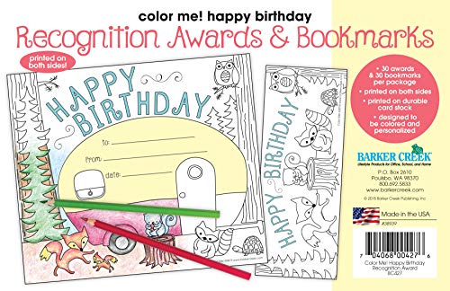 BARKER CREEK Recognition Awards and Bookmarks, Color Me Happy Birthday, 30 Double-Sided Awards and 30 Double-Sided Bookmarks, Awards are 6-3/8" x 5-1/2", Bookmarks are 2-1/8" x 5-1/2" (427)