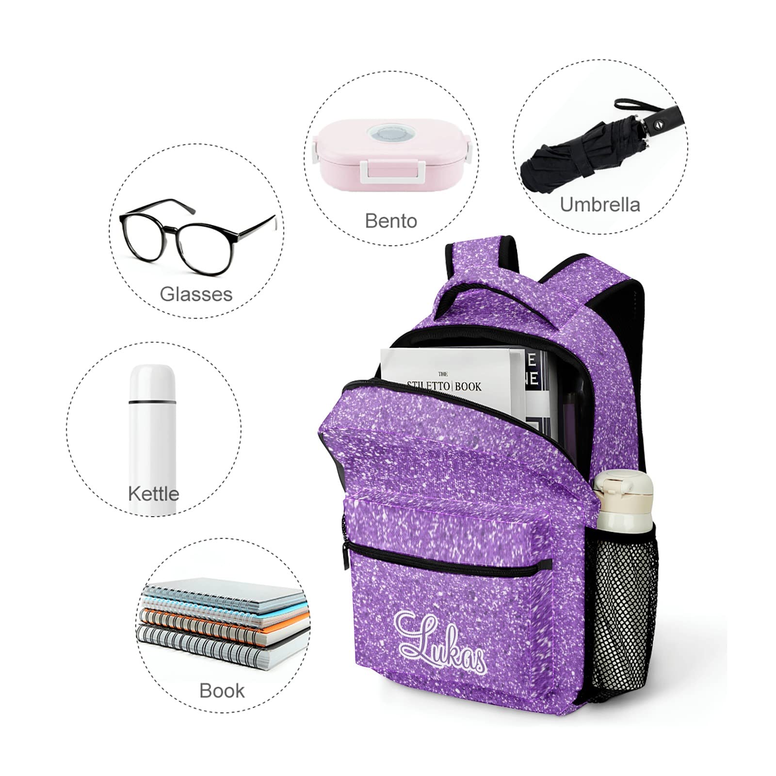 SunFancy, Purple Glitter Personalized School Backpack for Kid-Boy /Girl Primary Daypack Travel Bookbag, K10255, 12.2In(L)x5.9In(W)x16.5In(H)
