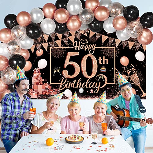 Rose Gold Black Happy 50th Birthday Extra Large Background Banner with 50pcs Metallic Shiny Latex Balloons for 50th Birthday Party Backdrop Decoration Supplies