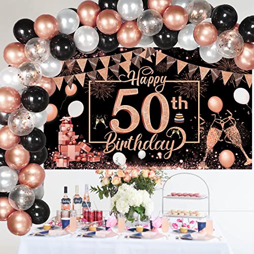 Rose Gold Black Happy 50th Birthday Extra Large Background Banner with 50pcs Metallic Shiny Latex Balloons for 50th Birthday Party Backdrop Decoration Supplies