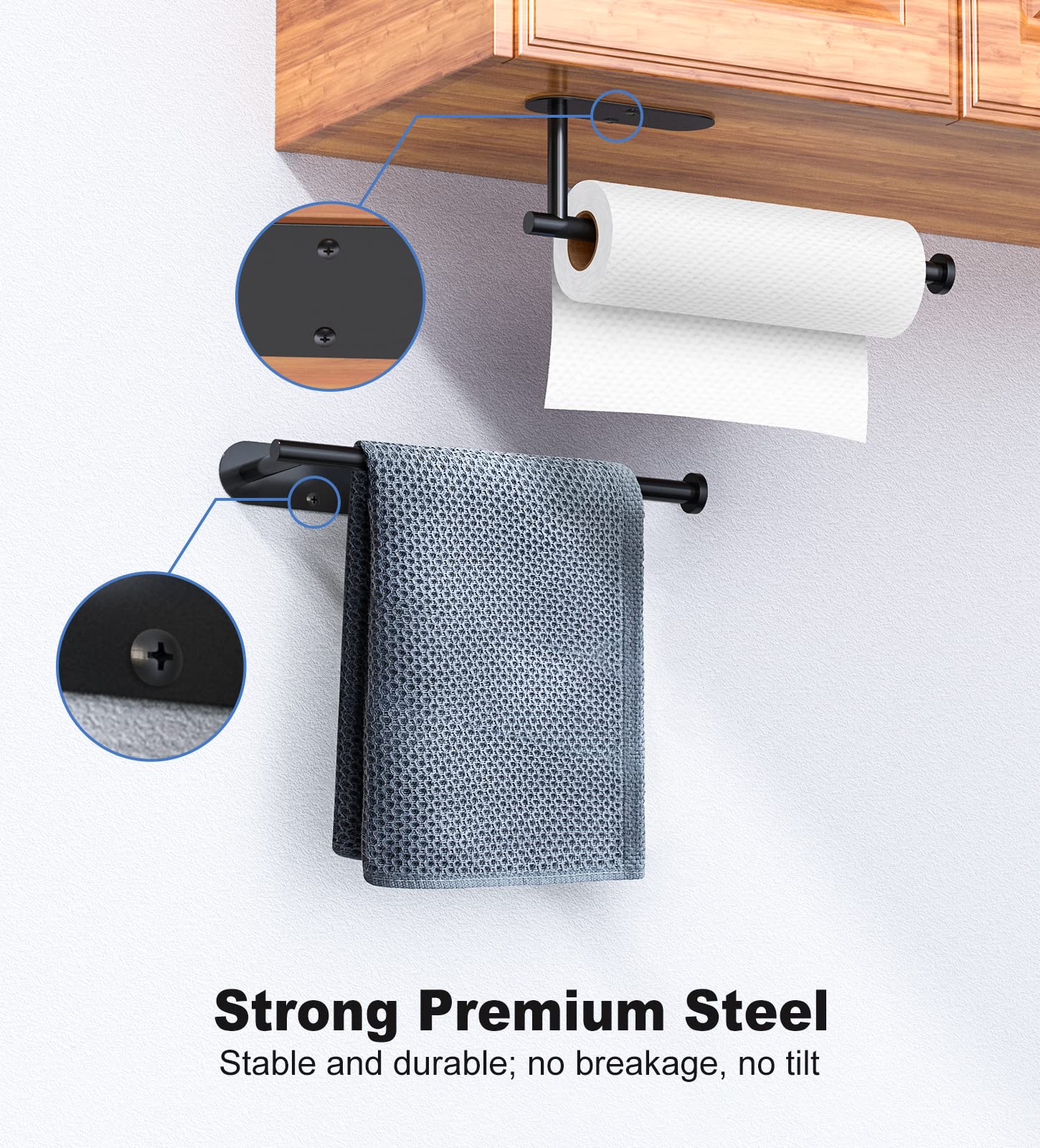 RIWUCT Paper Towel Holder, 【Never Breaking】 Stainless Steel Under Cabinet Paper Towel Holder Wall Mount, 【Easily Install】 Drilling or Adhesive Paper Towel Roll Holder for Kitchen, Bathroom-Black