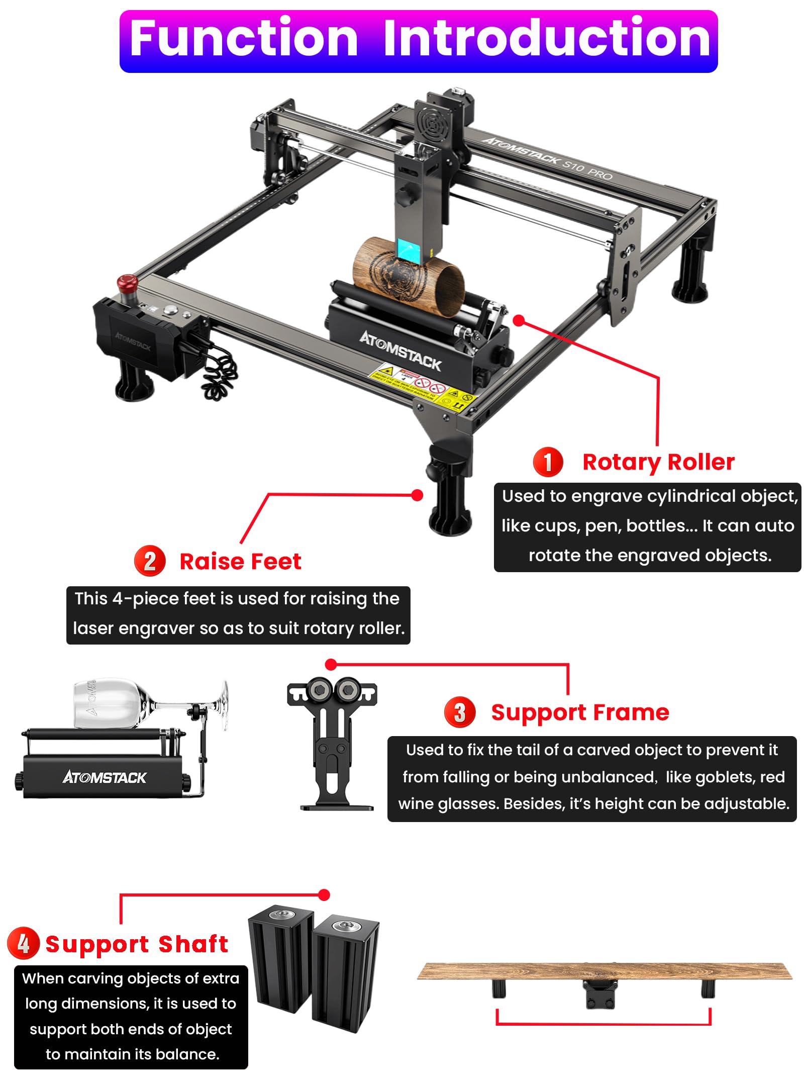 ATOMSTACK R3 Pro Laser Rotary Roller, Engraving Auxiliary Module for Laser Engraver, 360° Y-axis Rotating Roller for Carving of Goblet/Cylindrical/Round/Oversized Objects (R3 Pro Rotary Roller)