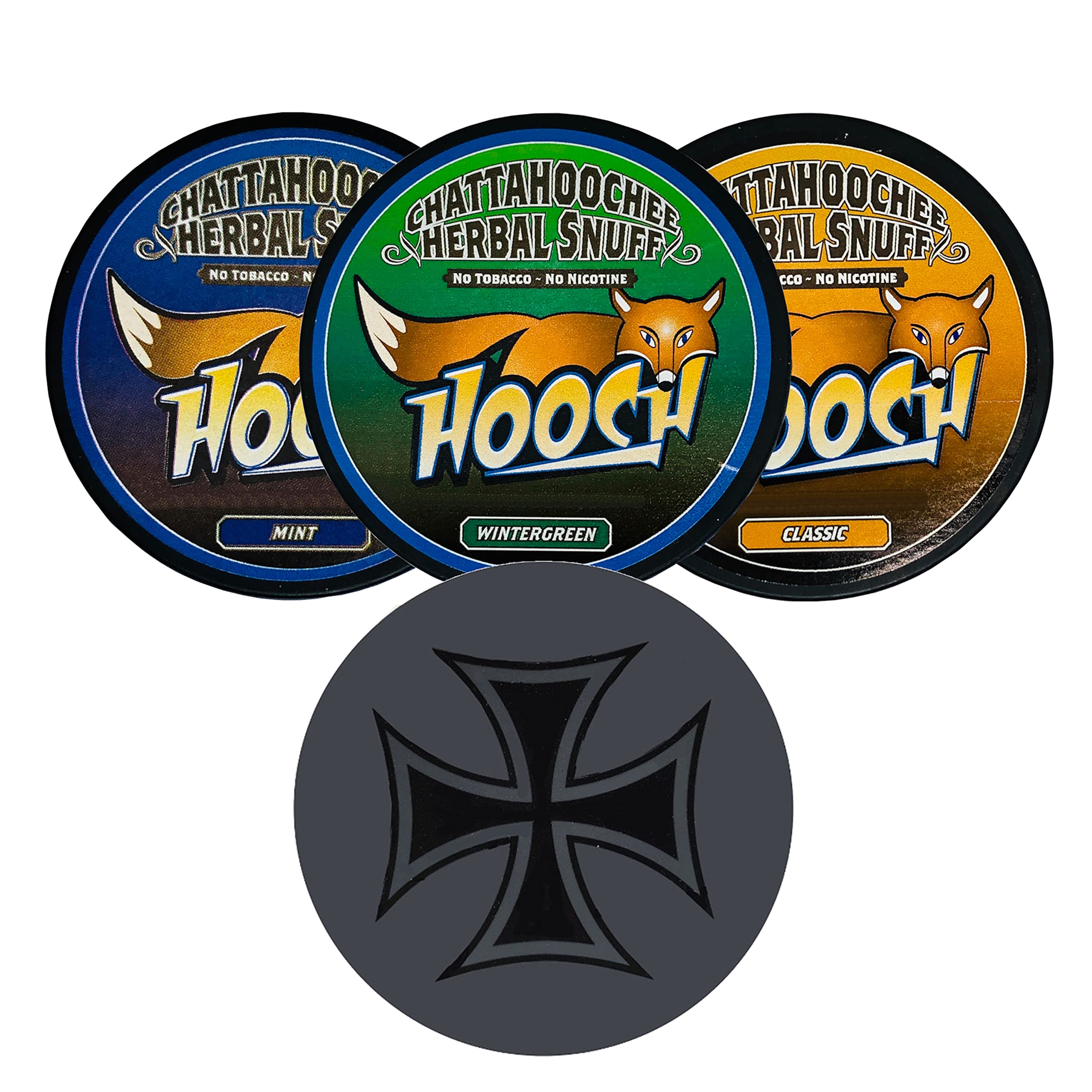 Hooch Herbal Snuff 3 Can Variety Sampler (Mint, Wintergreen, and Classic) Rough Cut with DC Crafts Nation Skin Can Cover - Iron Cross