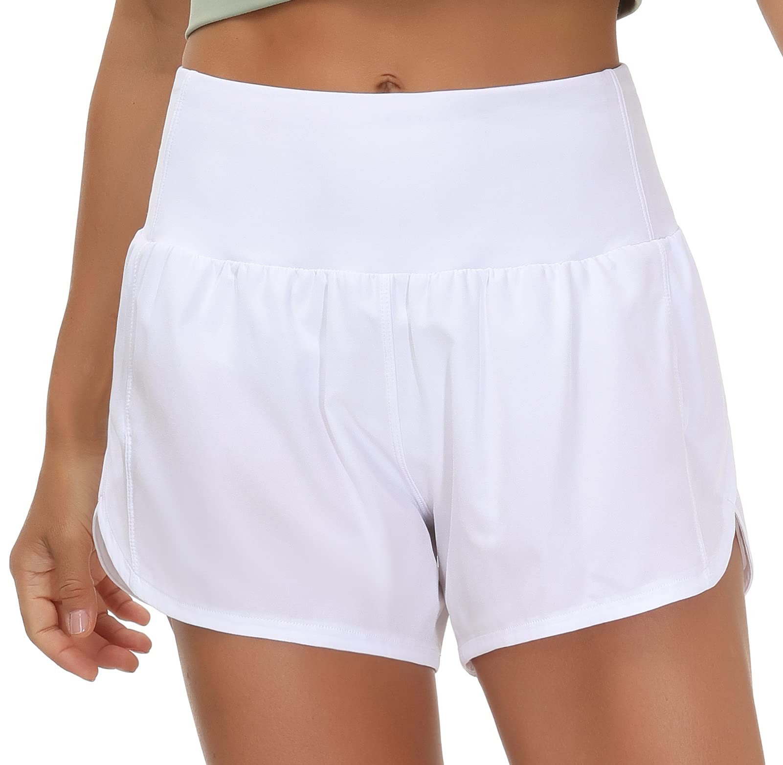 THE GYM PEOPLE Womens High Waisted Running Shorts Quick Dry Athletic Workout Shorts with Mesh Liner Zipper Pockets (White, Large)