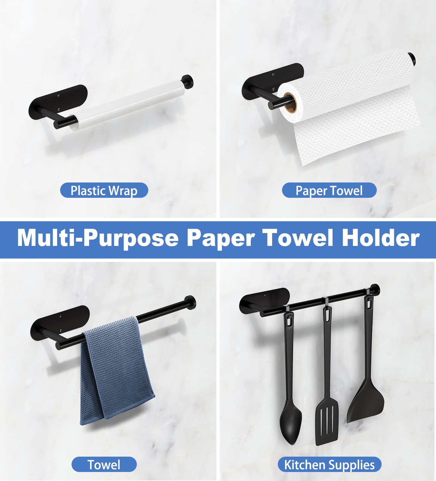 RIWUCT Paper Towel Holder, 【Never Breaking】 Stainless Steel Under Cabinet Paper Towel Holder Wall Mount, 【Easily Install】 Drilling or Adhesive Paper Towel Roll Holder for Kitchen, Bathroom-Black